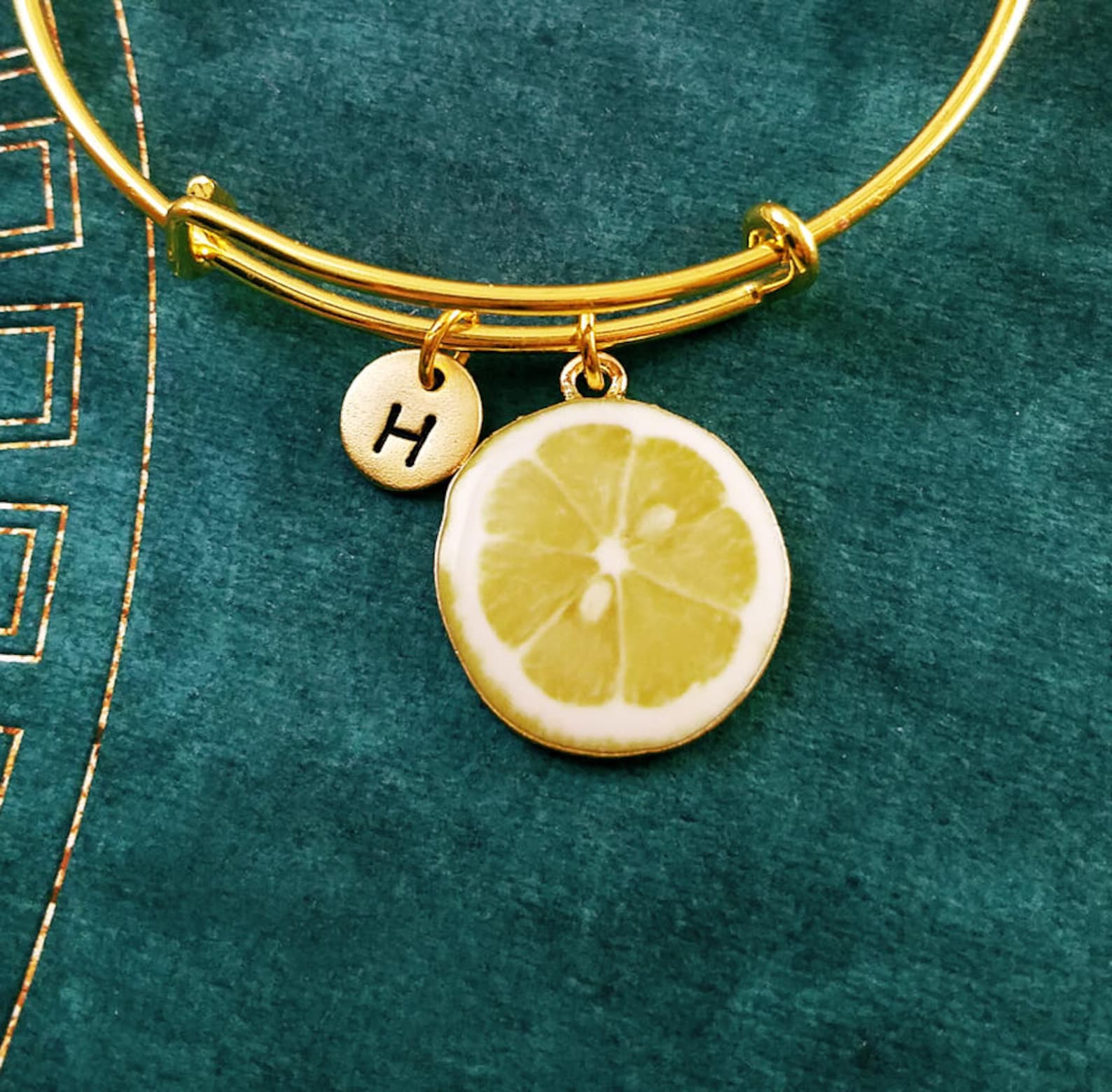 Lemon Bracelet Lemon Bangle Fruit Jewelry Lemon Slice Initial Charm ...