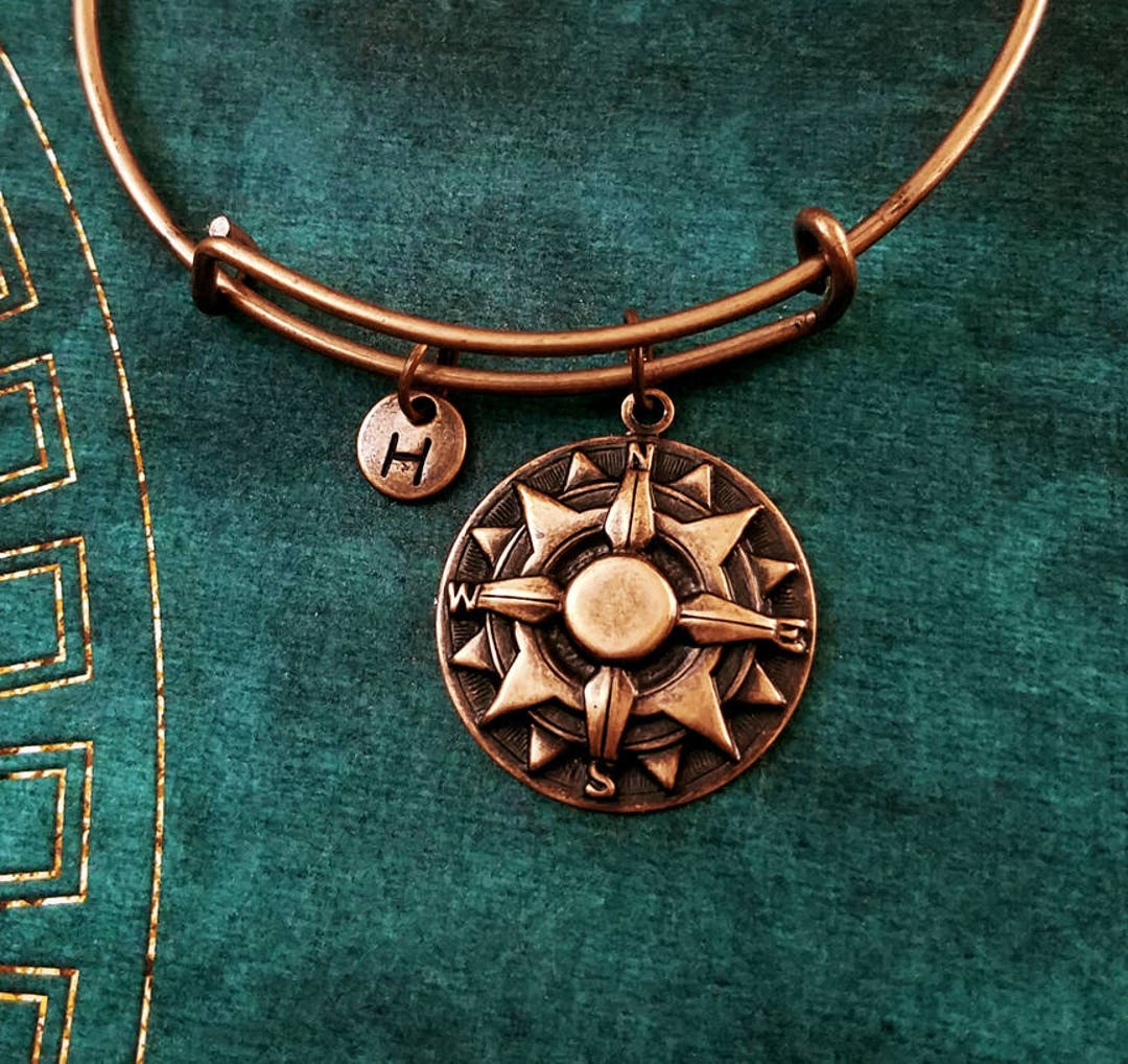 Compass Bracelet Copper Compass Bangle Long Distance Gift Initial Charm ...