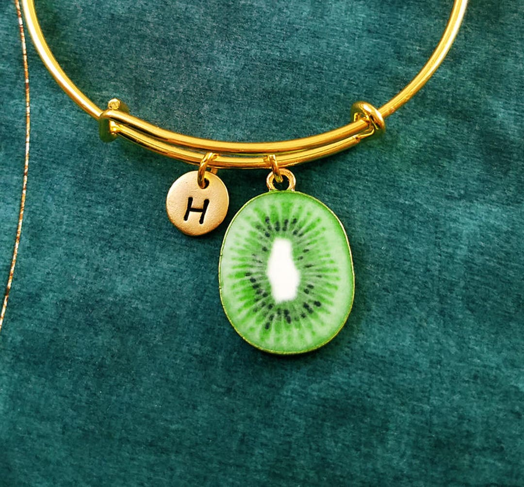 Kiwi Bracelet Kiwi Bangle Fruit Jewelry Kiwi Slice Initial Charm ...