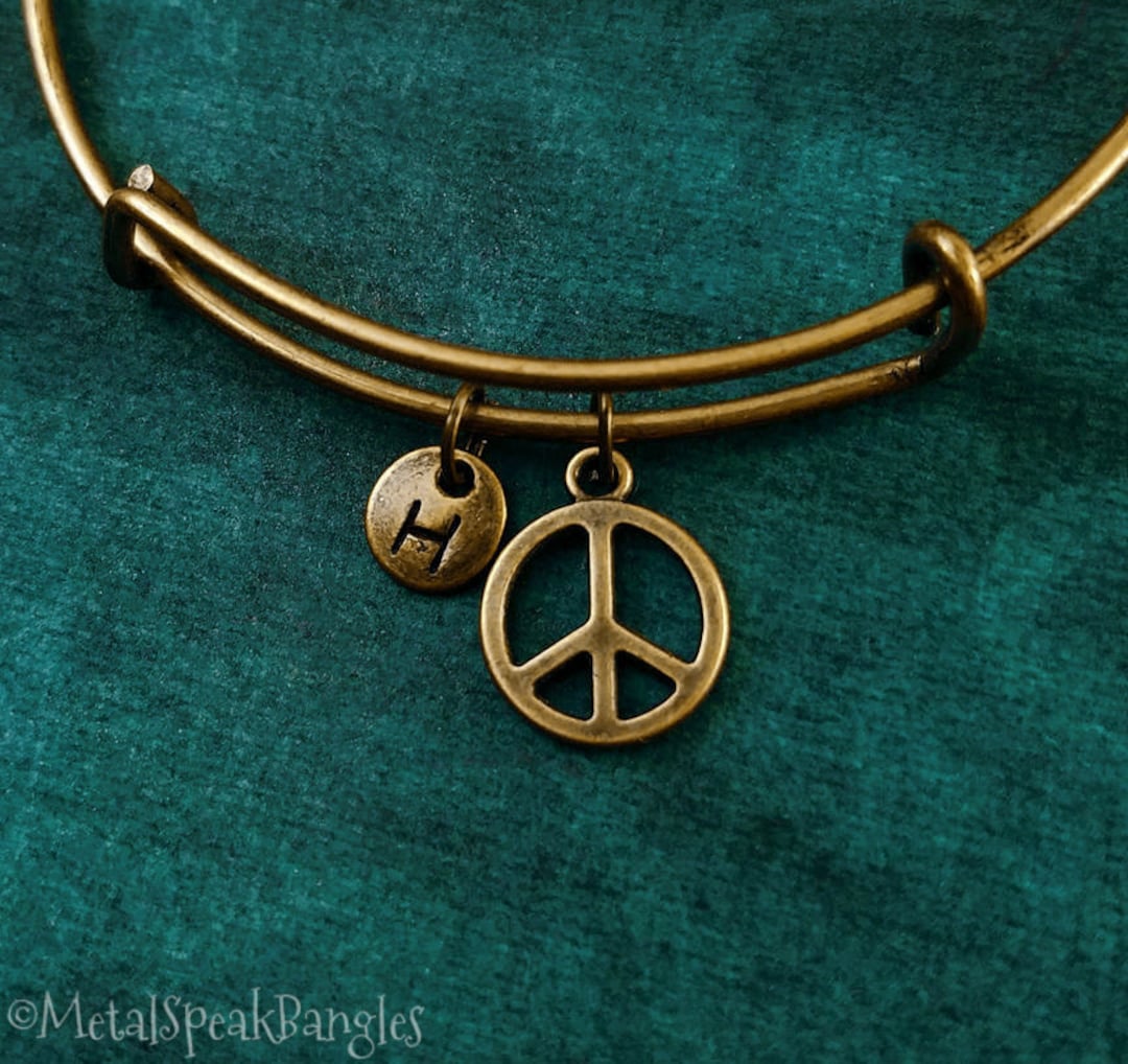 Peace Sign Bracelet Peace Sign Bangle Hippie Bracelet Bronze Initial ...