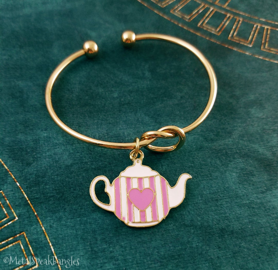 Teapot Bracelet Striped Pink Teapot Bangle Bridesmaid Bracelet Tea ...
