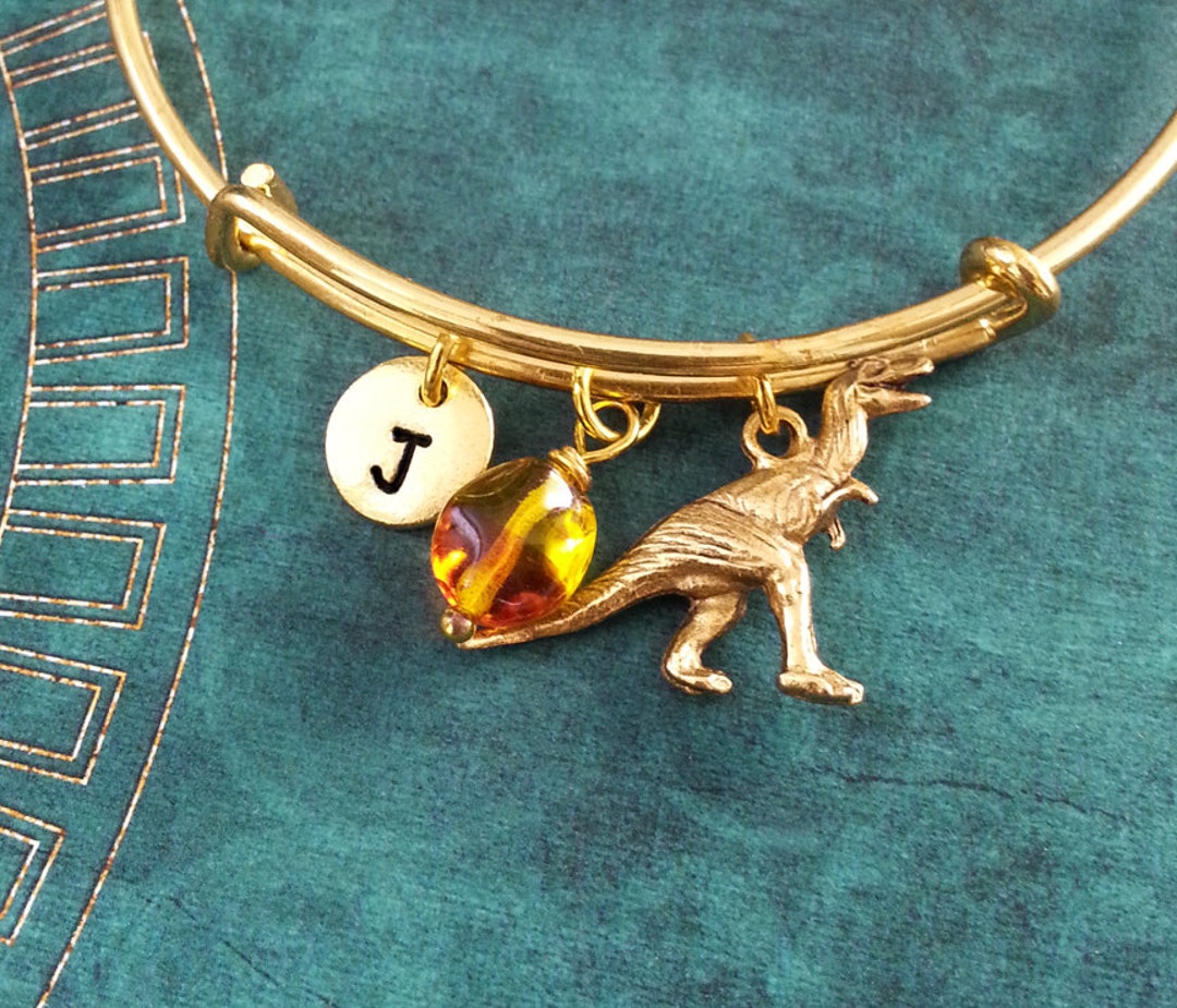 Dinosaur Bangle Bracelet T-rex Bracelet Amber Bead Bangle Charm ...