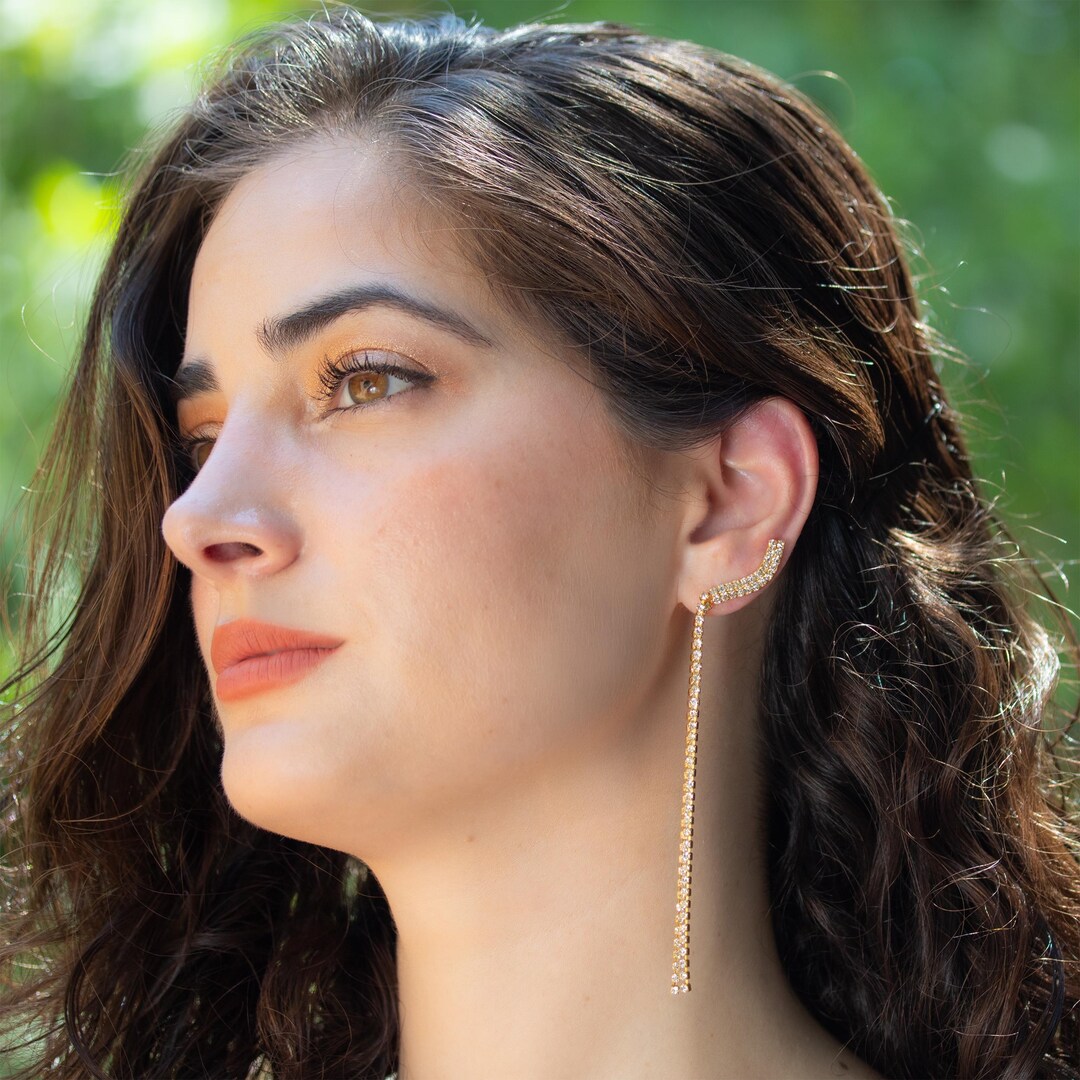 Long Gold Rhinestone Ear Climbers– Bridal Crystal Huggie Earrings ...