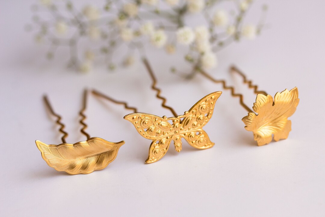 Gold Hair Stick, Hair Fork, Leaf Hair Clip, Bun Holder, Set of 3 Hair ...