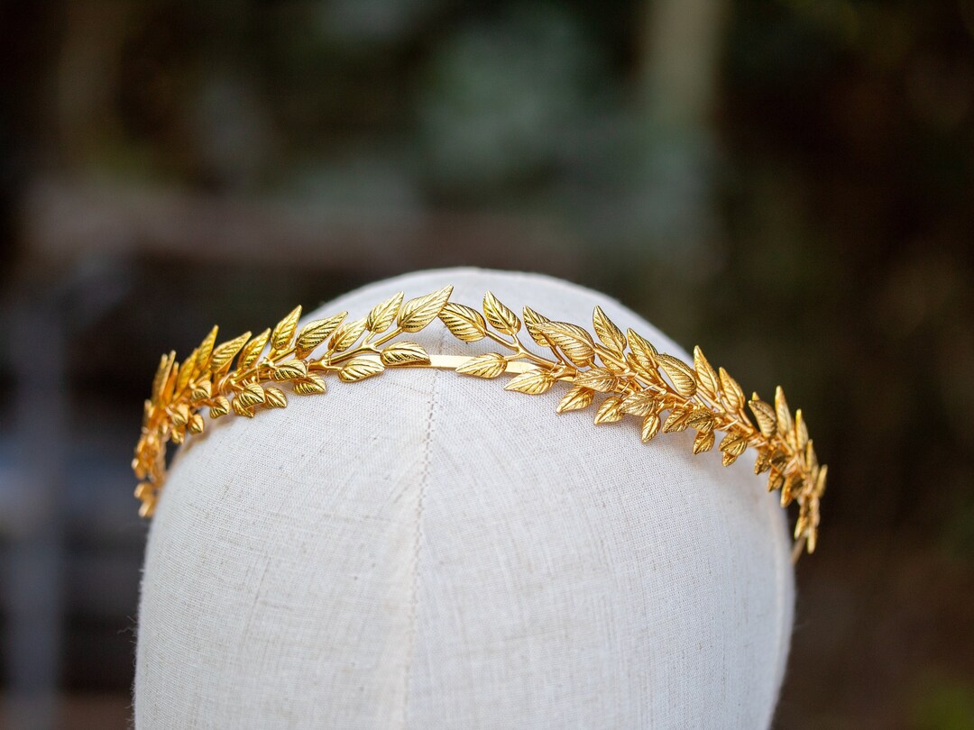 Gold Grecian Goddess Wedding Tiara Laurel Leaf Bridal Halo Crown