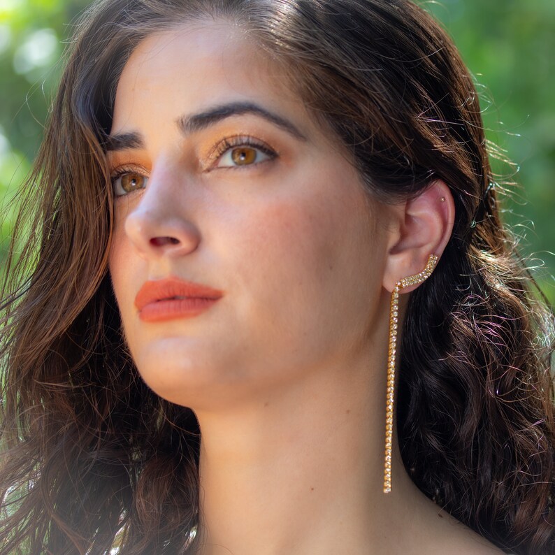 Long Gold Rhinestone Ear Climbers– Bridal Crystal Huggie Earrings ...