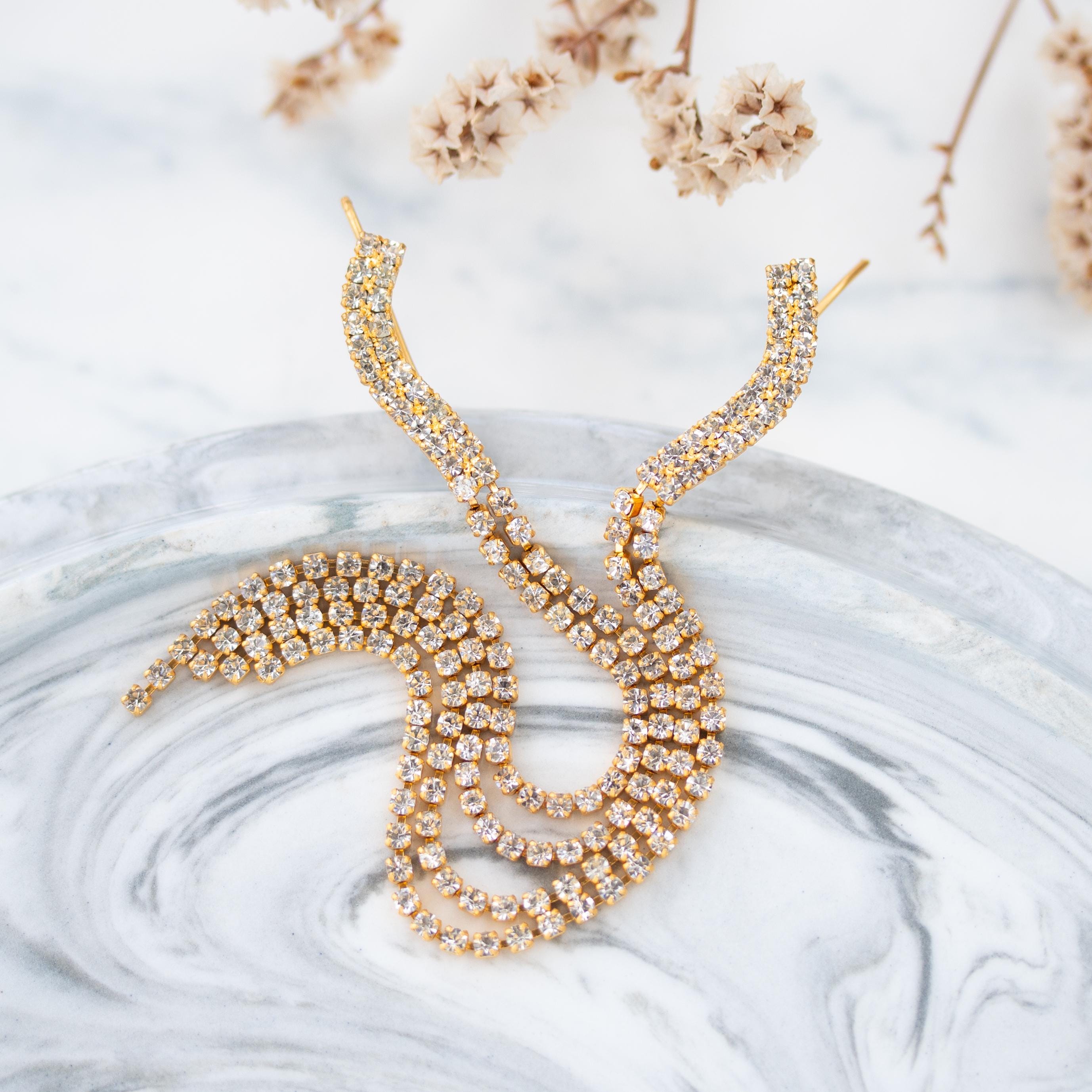 Long Gold Rhinestone Ear Climbers– Bridal Crystal Huggie Earrings ...