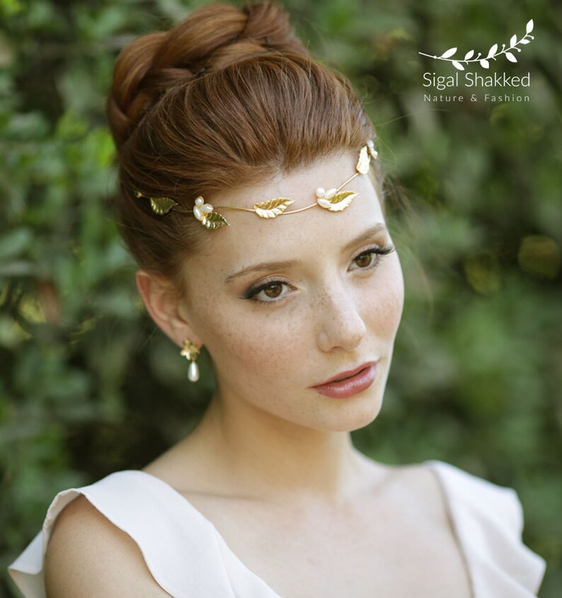 Bridal Pearl Wreath Gold Leaf Tiara Gold Forehead Band Boho - Etsy