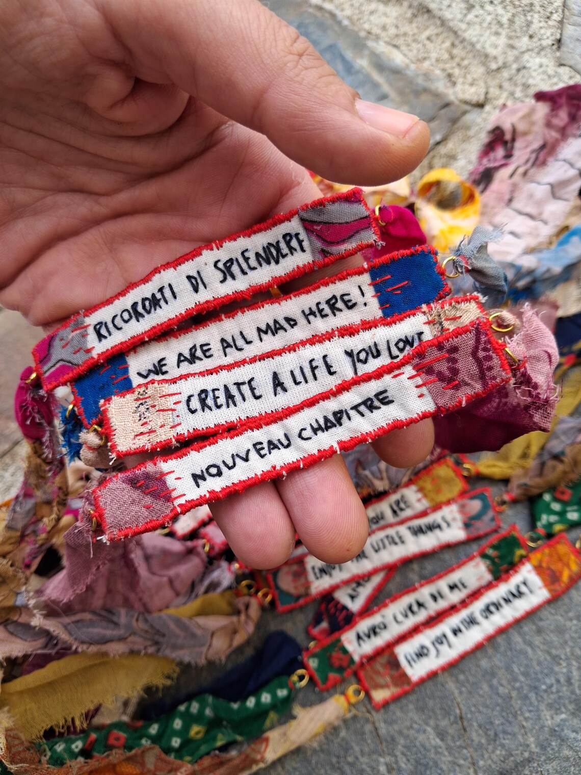 Handmade Talisman Bracelet With Embroidered Words, Red Thread Lucky ...