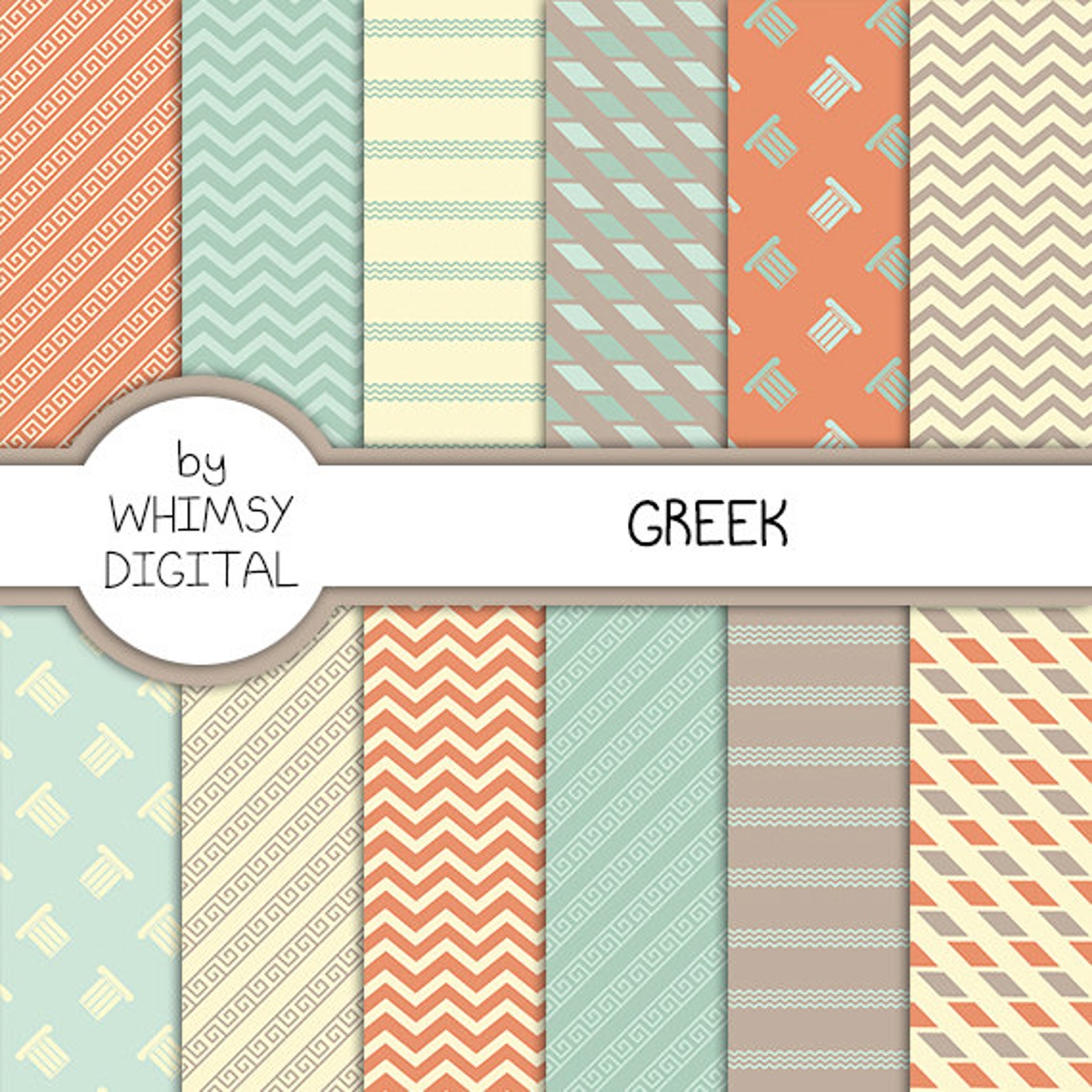 Greek Digital Paper with Greek Key Patterns Columns Waves | Etsy