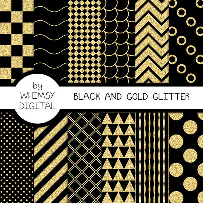 Black and Gold Glitter Digital Paper With Checkers, Scallops, Chevron ...