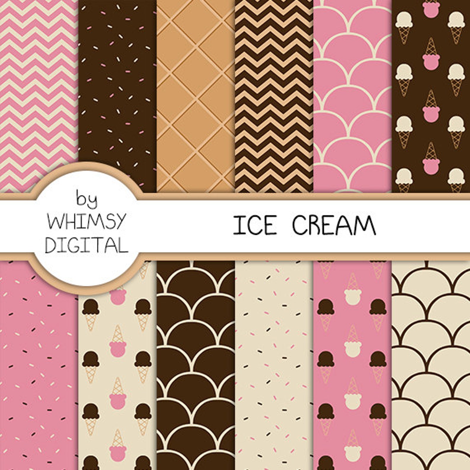 Ice Cream Digital Paper With Ice Cream Cones, Ice Cream Scoops ...