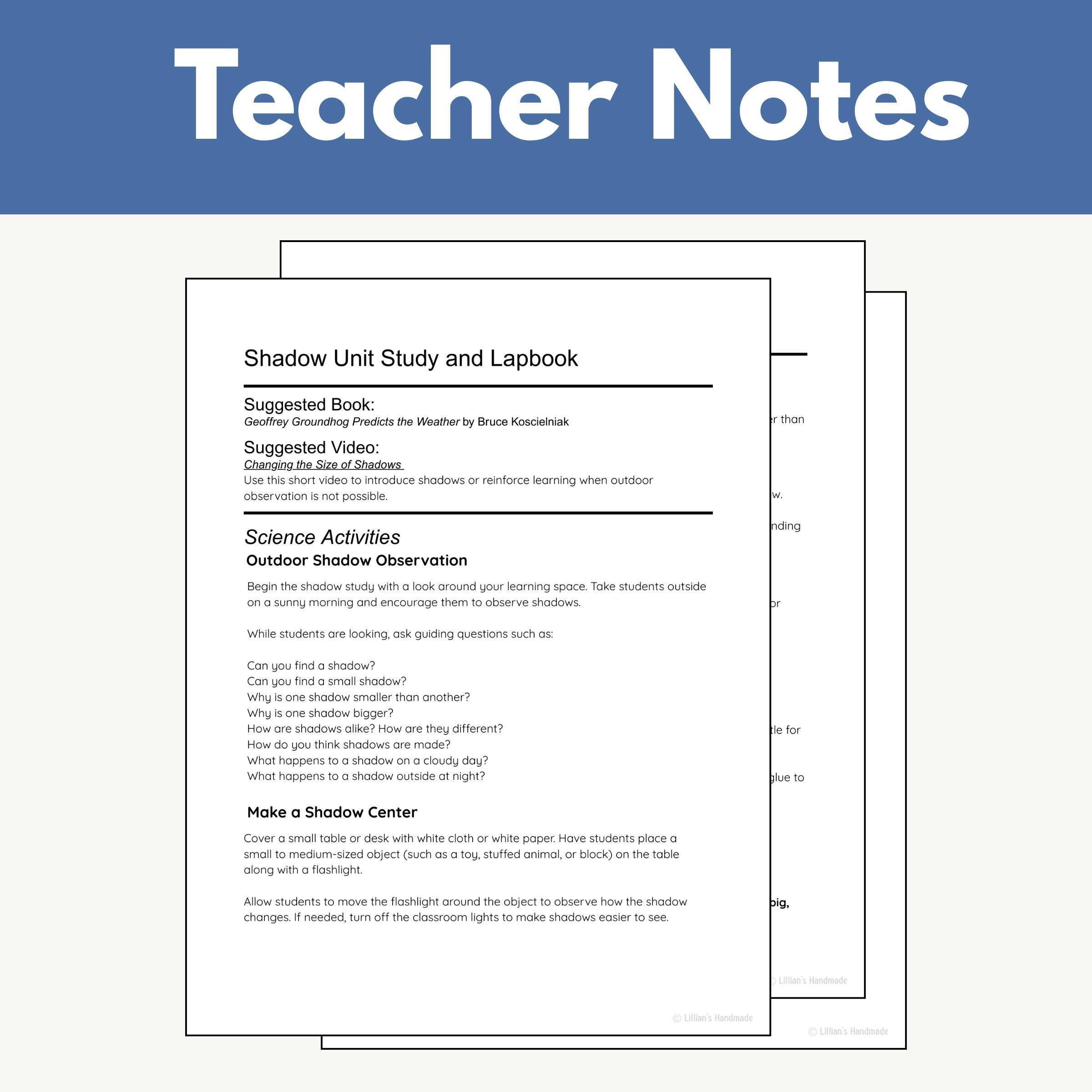 Shadows Unit Study Lapbook Printable | Light and Shadow Science ...