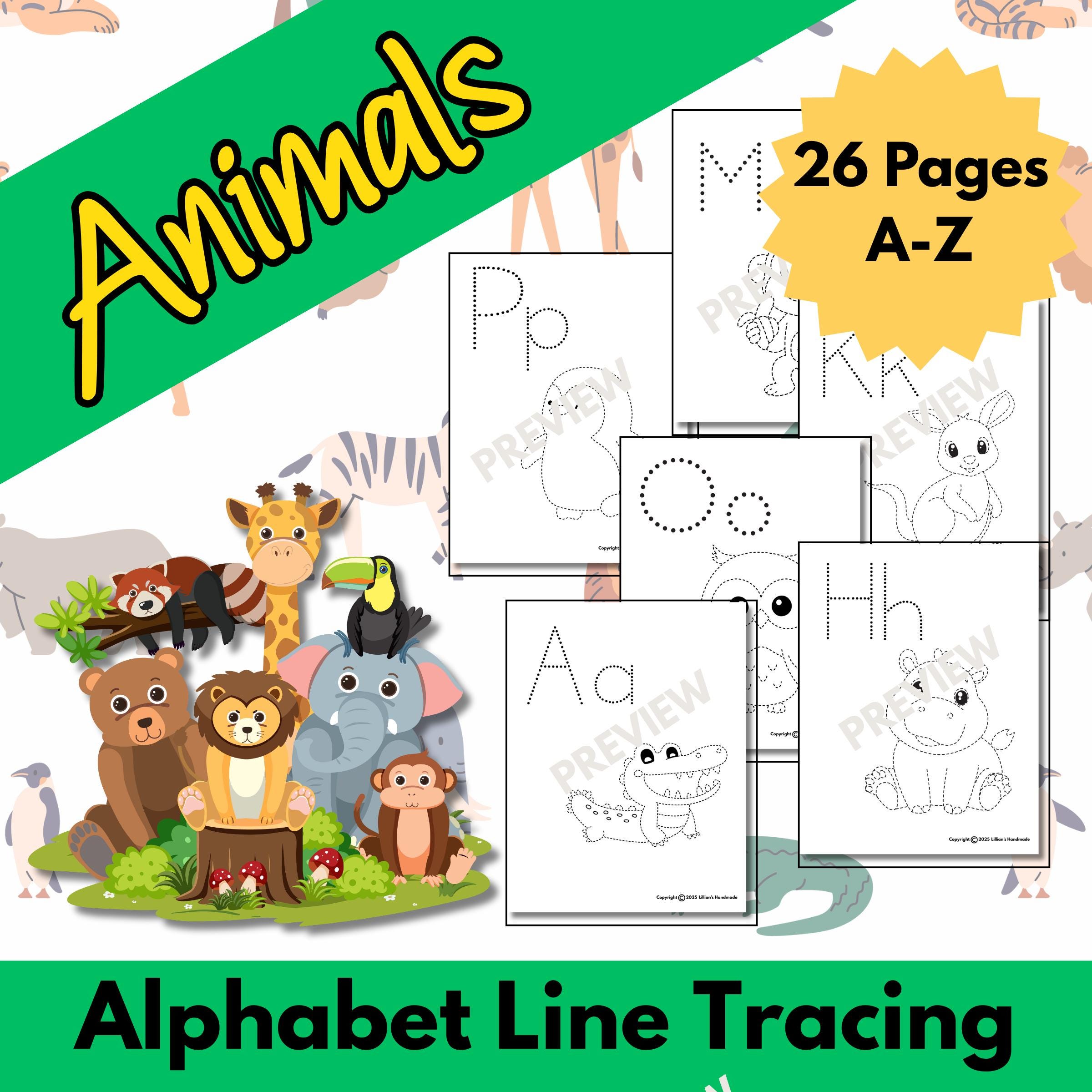 Animal Alphabet Line Tracing Worksheets A–Z | Preschool Handwriting ...