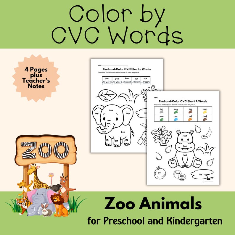 Zoo Animals Color by CVC Words for Preschool and Kindergarten - Etsy