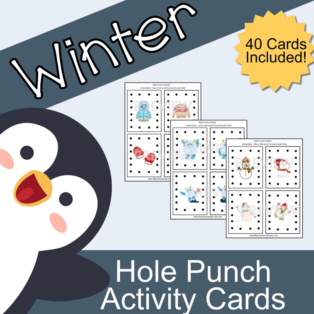 Winter Hole Punch Cards for Kids | Snowmen, Yetis & More | 40 Pre-k to ...