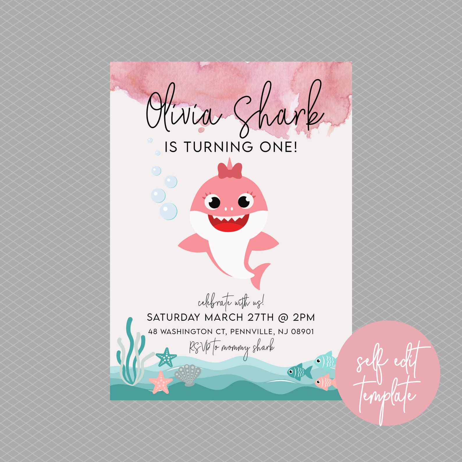Shark Birthday Invitation // Girl Baby Shark Invitation // Cute Baby ...