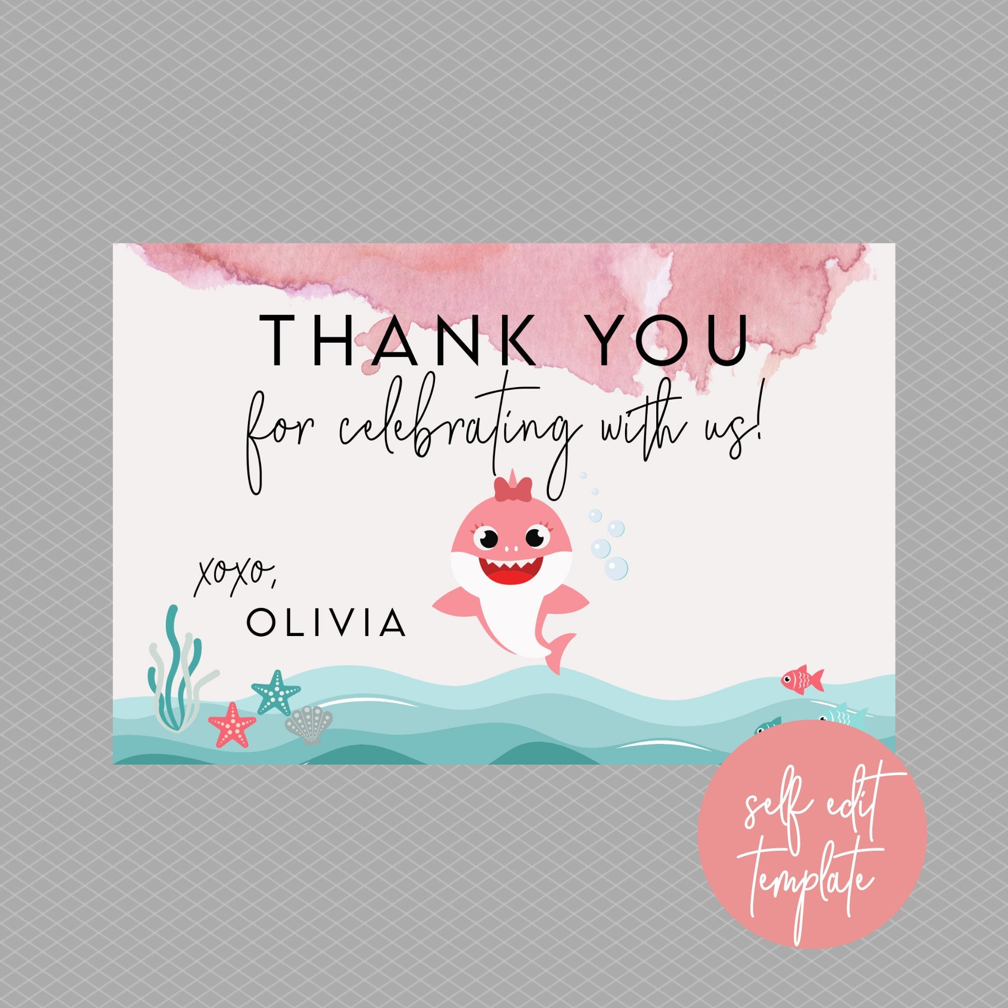 Baby Shark Birthday Thank You Card // Baby Shark Girl Birthday Thank ...
