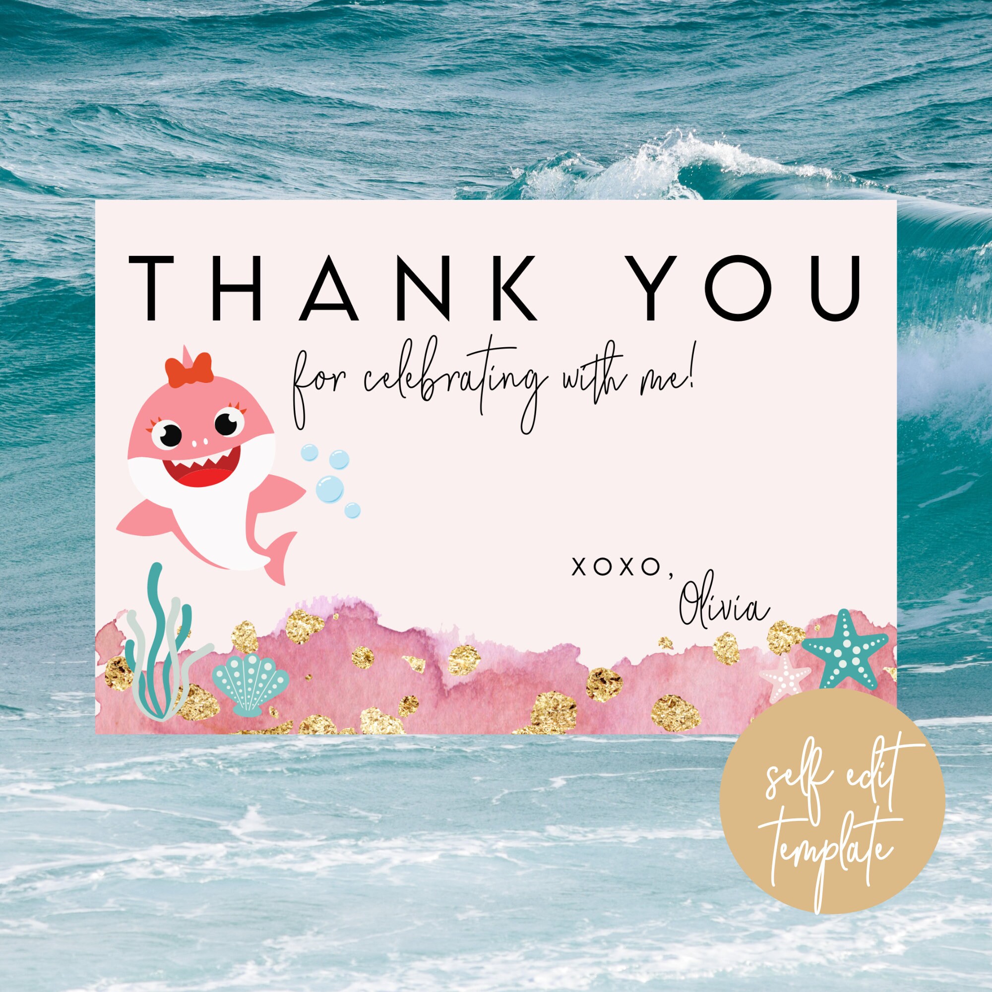 Baby Shark Birthday Thank You Card // Baby Shark Girl Birthday Thank ...