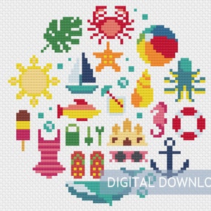 Summer Sampler Cross Stitch Pattern PDF, Beach Seasonal Instant ...