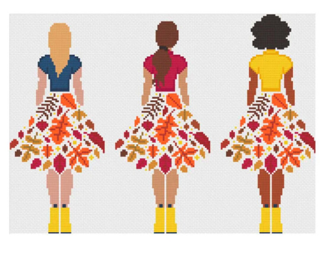 Fall Girls Cross Stitch / Women Stitch Pattern / Fall Leaves - Etsy
