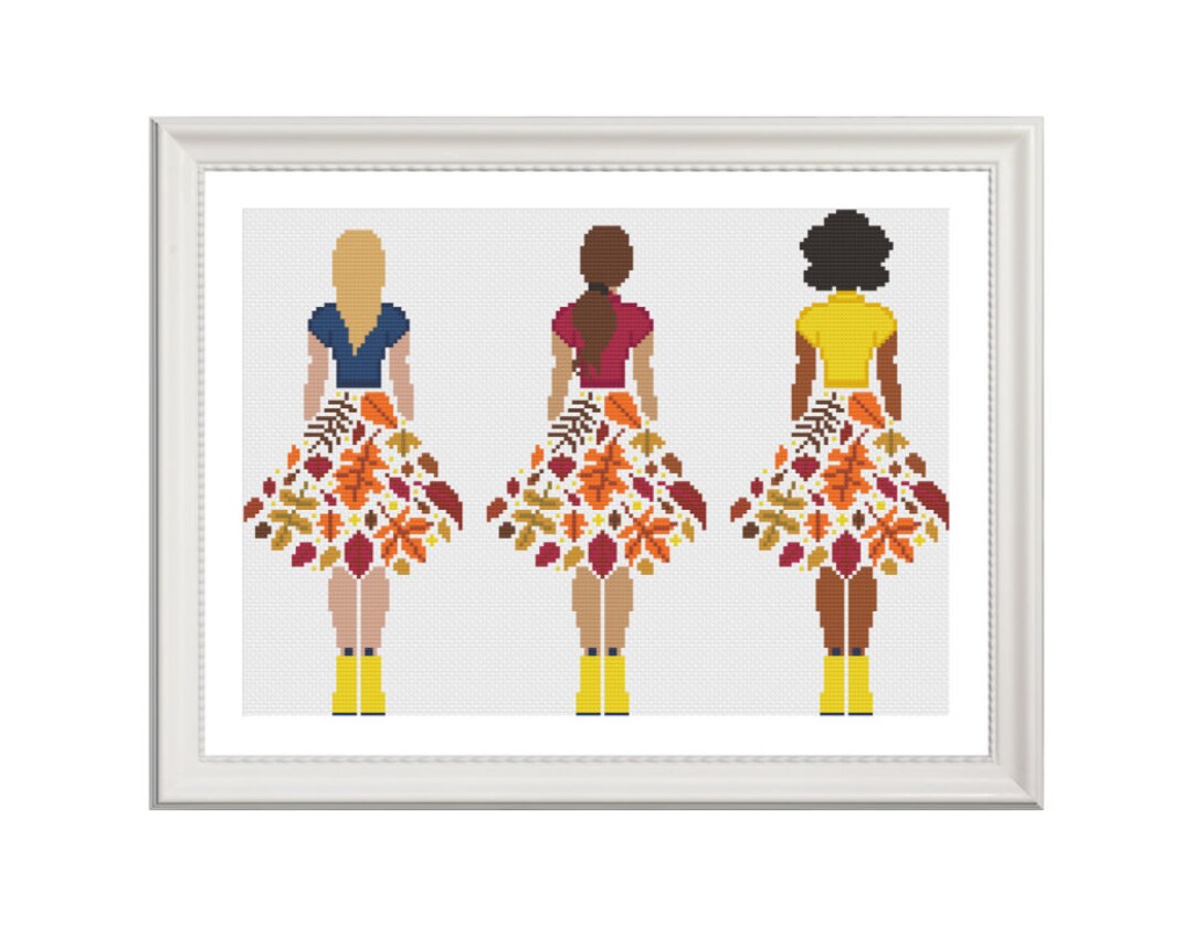Fall Girls Cross Stitch / Women Stitch Pattern / Fall Leaves - Etsy