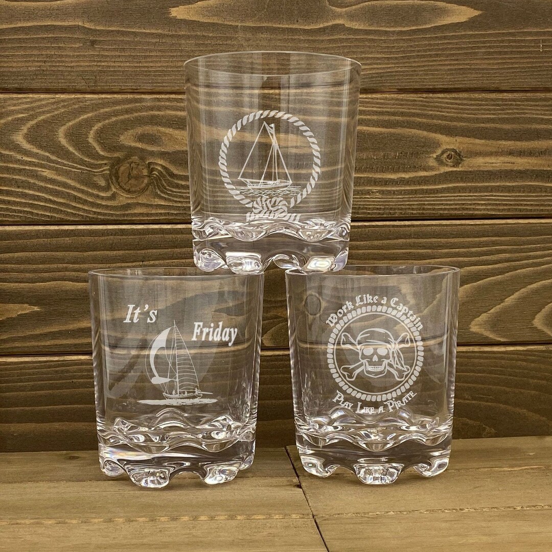 Nautical Etched Whiskey Glass, Pirate Skull, Sailboat, Boating Gift ...