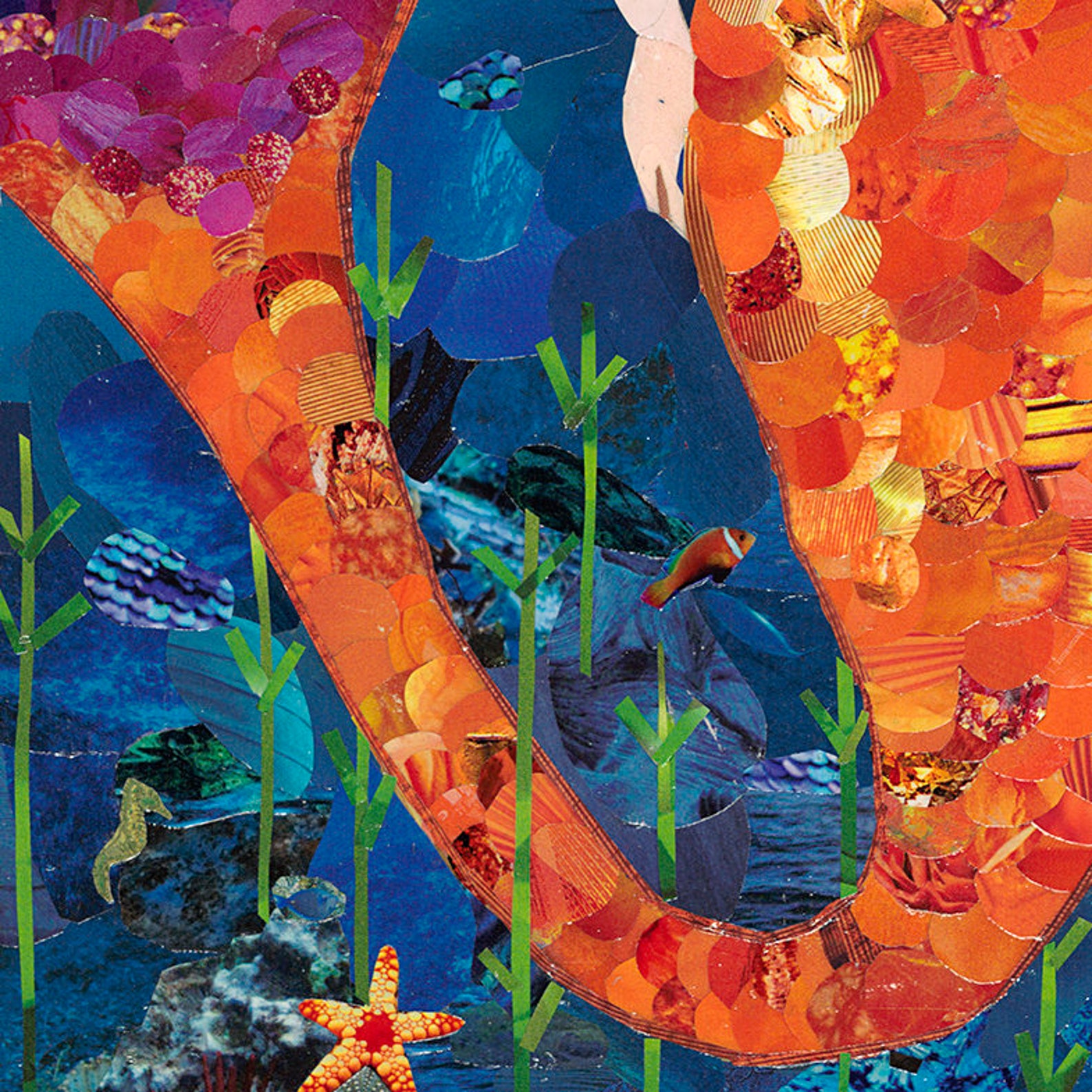 Mermaid Fine Art Print, Magazine Collage, Upcycle, Full Moon, Beach ...