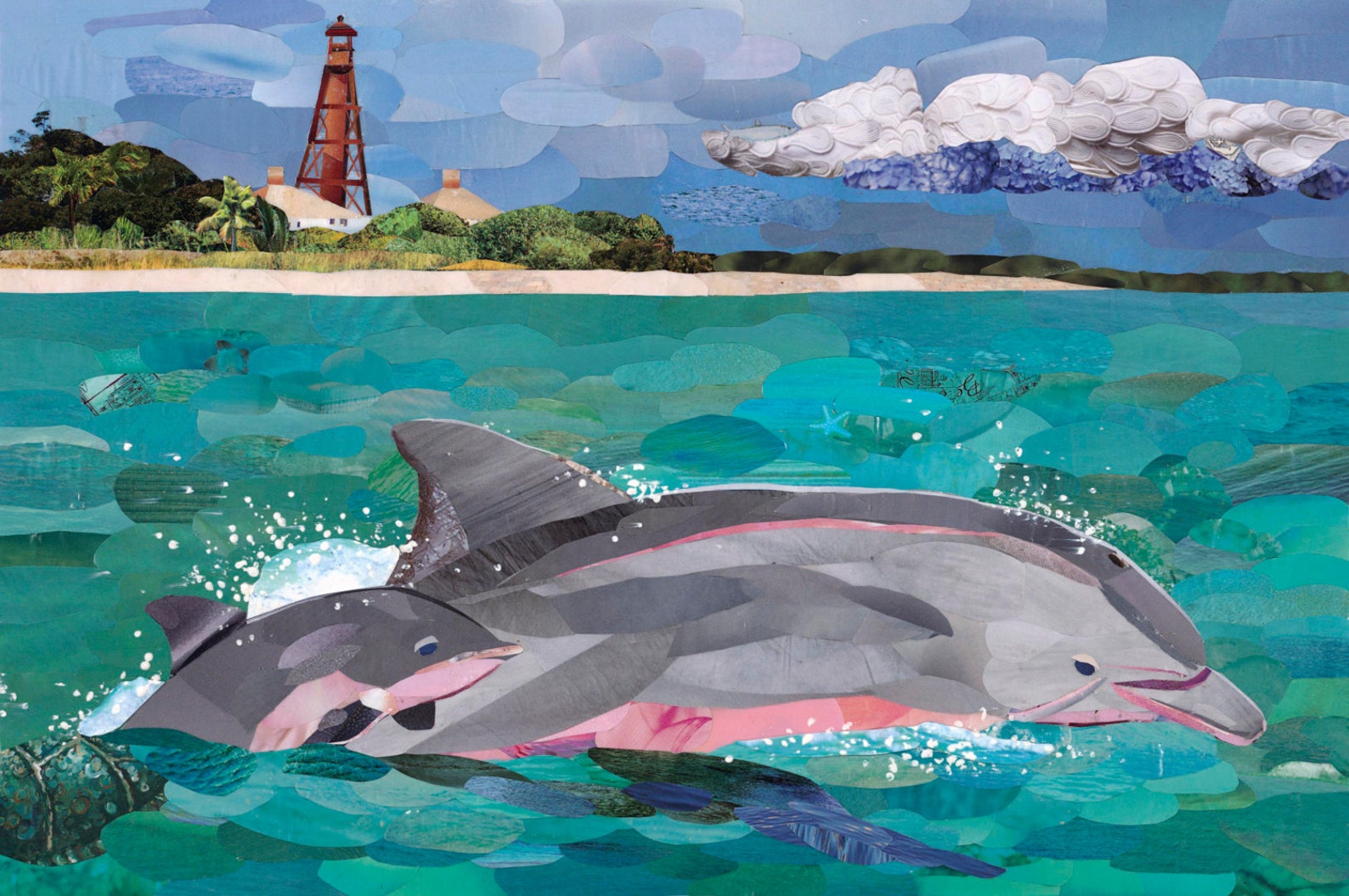 Dolphin Lighthouse Fine Art Print, Magazine Collage, Upcycle, Beach ...