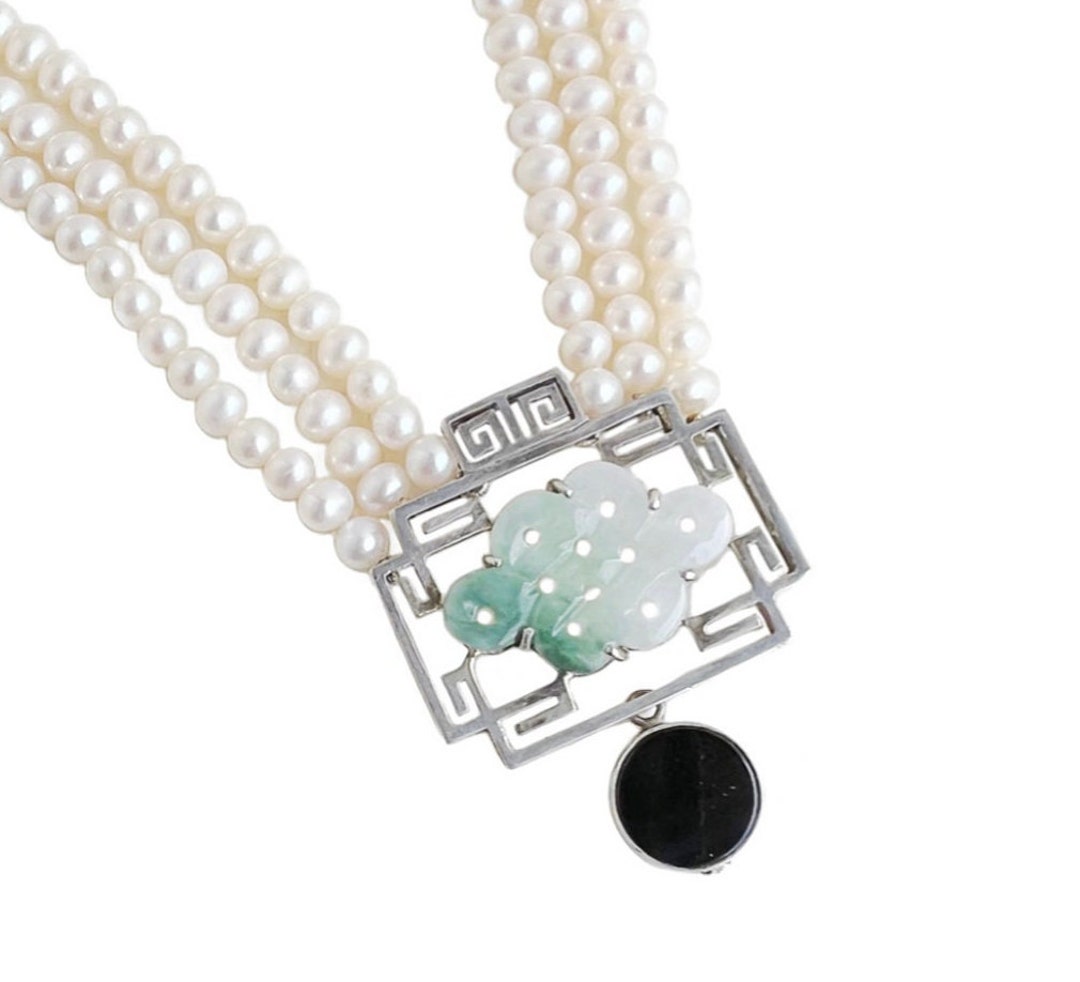 Vintage Jade Necklace - Sterling Silver Genuine Jade 16” Pearl Necklace ...