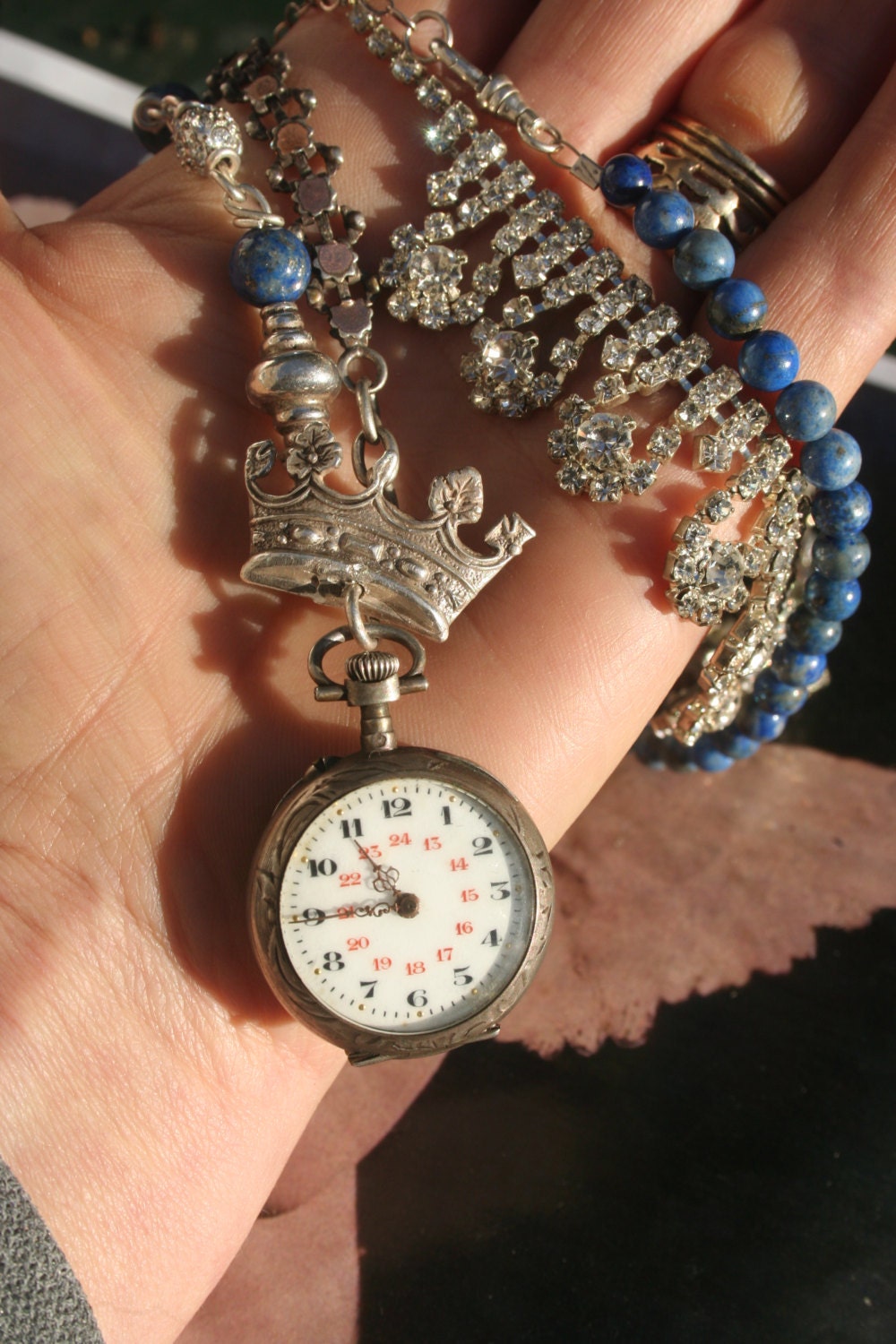 Antique Crown Silver Pocket Watch Necklace, Unique Victorian Assemblage ...