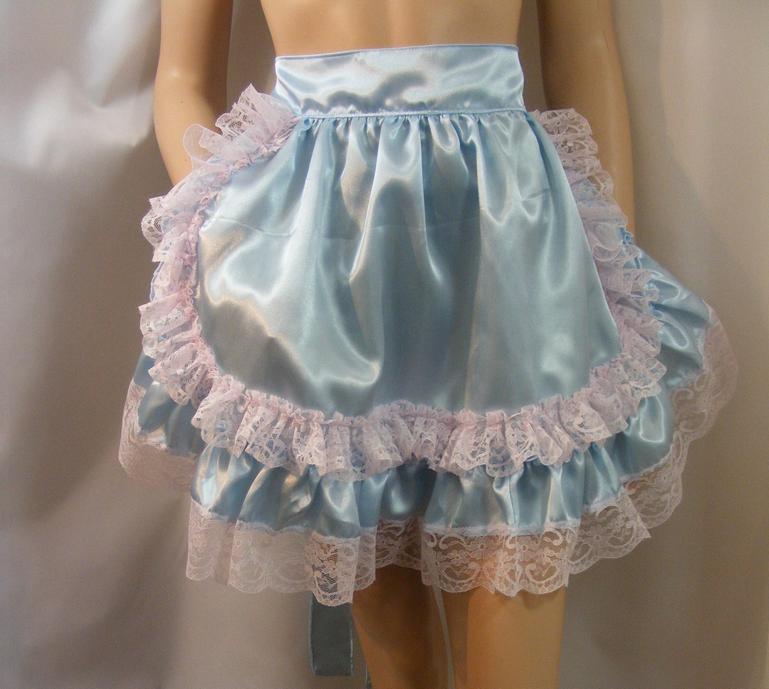 Adult Baby Sissy Pink Blue Satin Lace Frilly Apron Pinny Cosplay ...