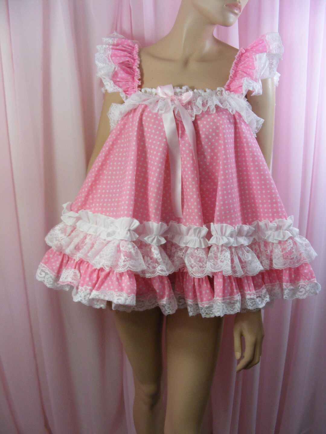 Sissy Adult Baby Pink Spot Cotton Lace Ruffled Baby Doll Nightie ...