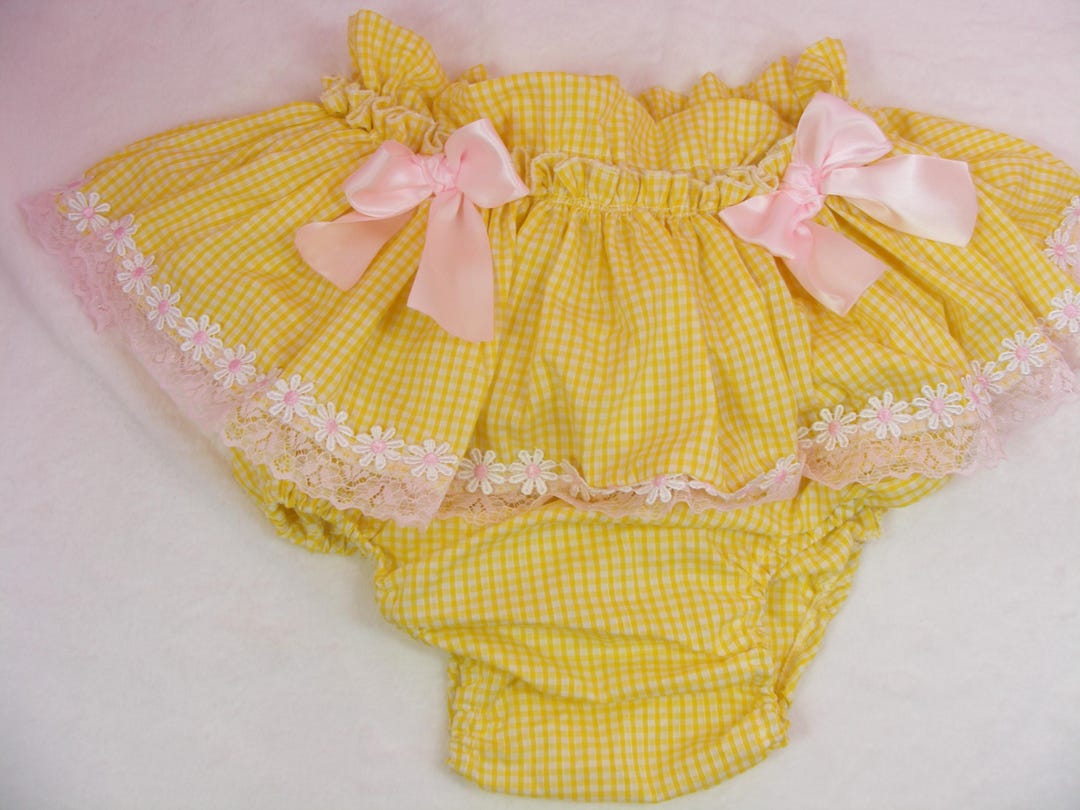Adult Baby Sissy Yellow Gingham Cotton Frilly Diaper Cover Knickers ...
