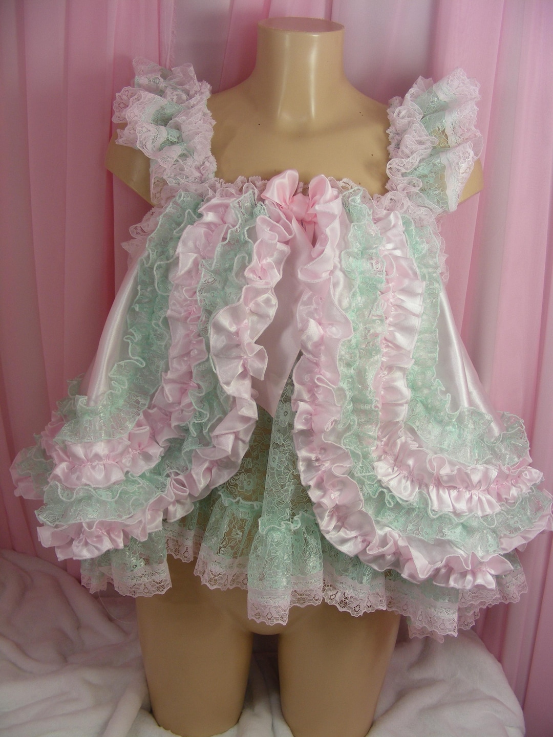 Sissy Adult Baby Pink Satin and Lace Ruffled Baby Doll Nightie Negligee ...