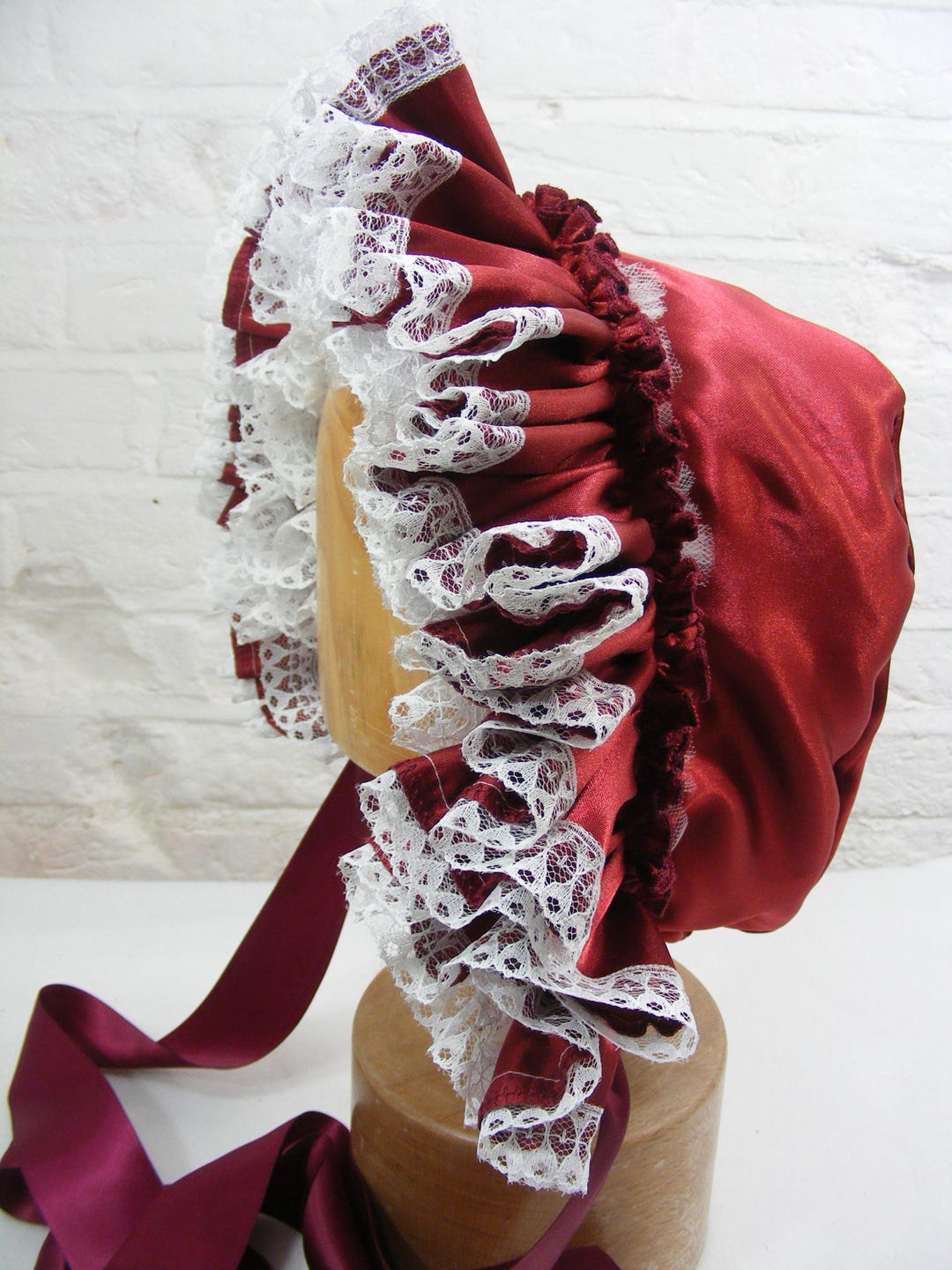 Adult Baby Sissy Bonnet Frilly Wine Red Satin Lace and Lace Traditional ...