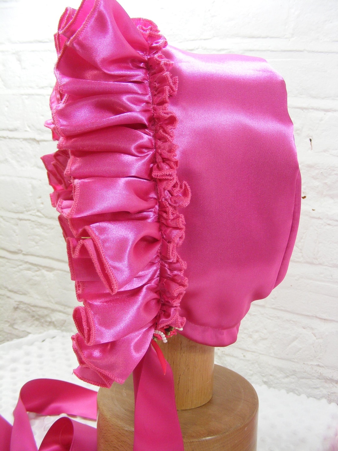 Adult Baby Sissy ABDL Bonnet Frilly CERISE PINK Satin Hat Traditional ...