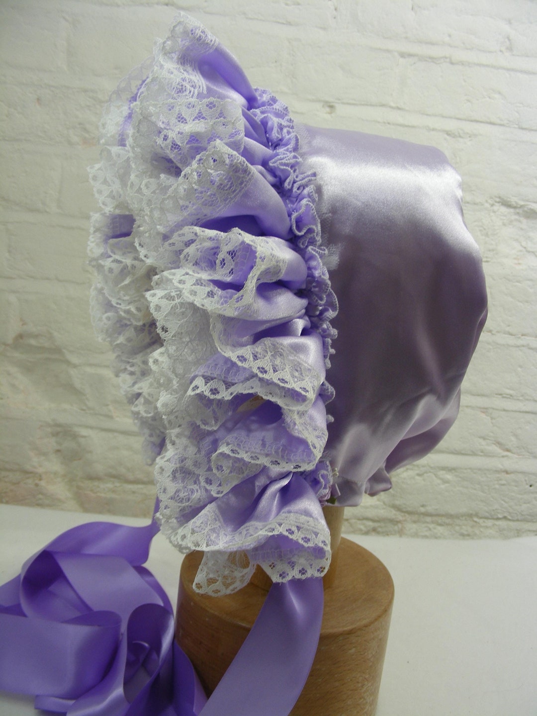 Adult Baby Sissy Bonnet Frilly Lilac Satin Lace and Lace Traditional ...