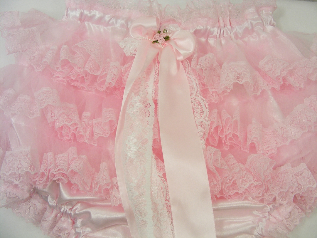 Sissy Adult Baby Pink Satin Diaper Cover Nappy Lacy Extra Frilly ...