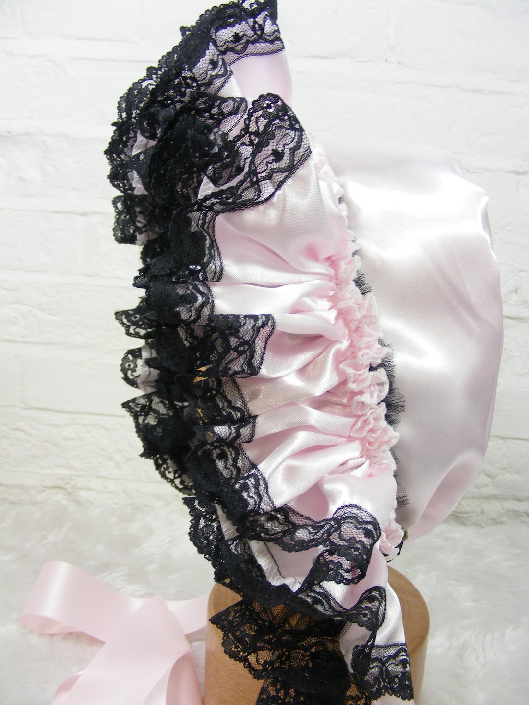 Adult Baby Sissy Abdl Bonnet Frilly Pink Satin Black Lace Traditional ...