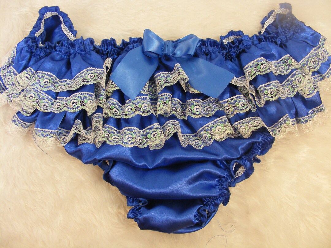 Sissy Frilly Silky Royal Blue Satin Lace Ruffle Bum Sissy Panties Lingerie Knickers All Sizes