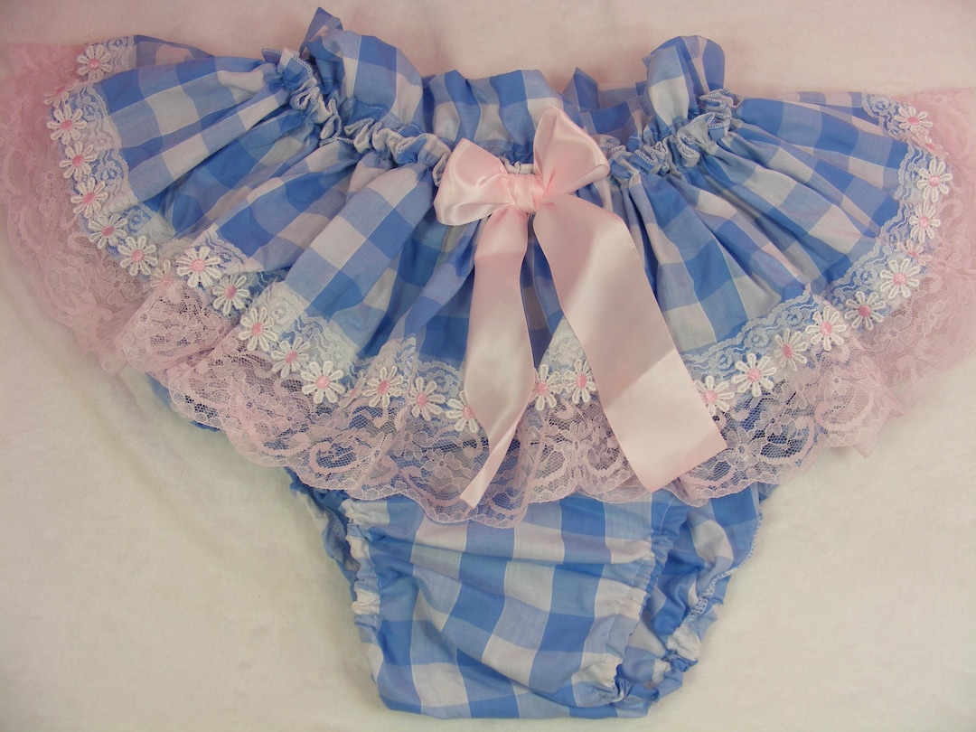 Adult Baby Sissy Blue Gingham Cotton Frilly Diaper Cover Knickers ...