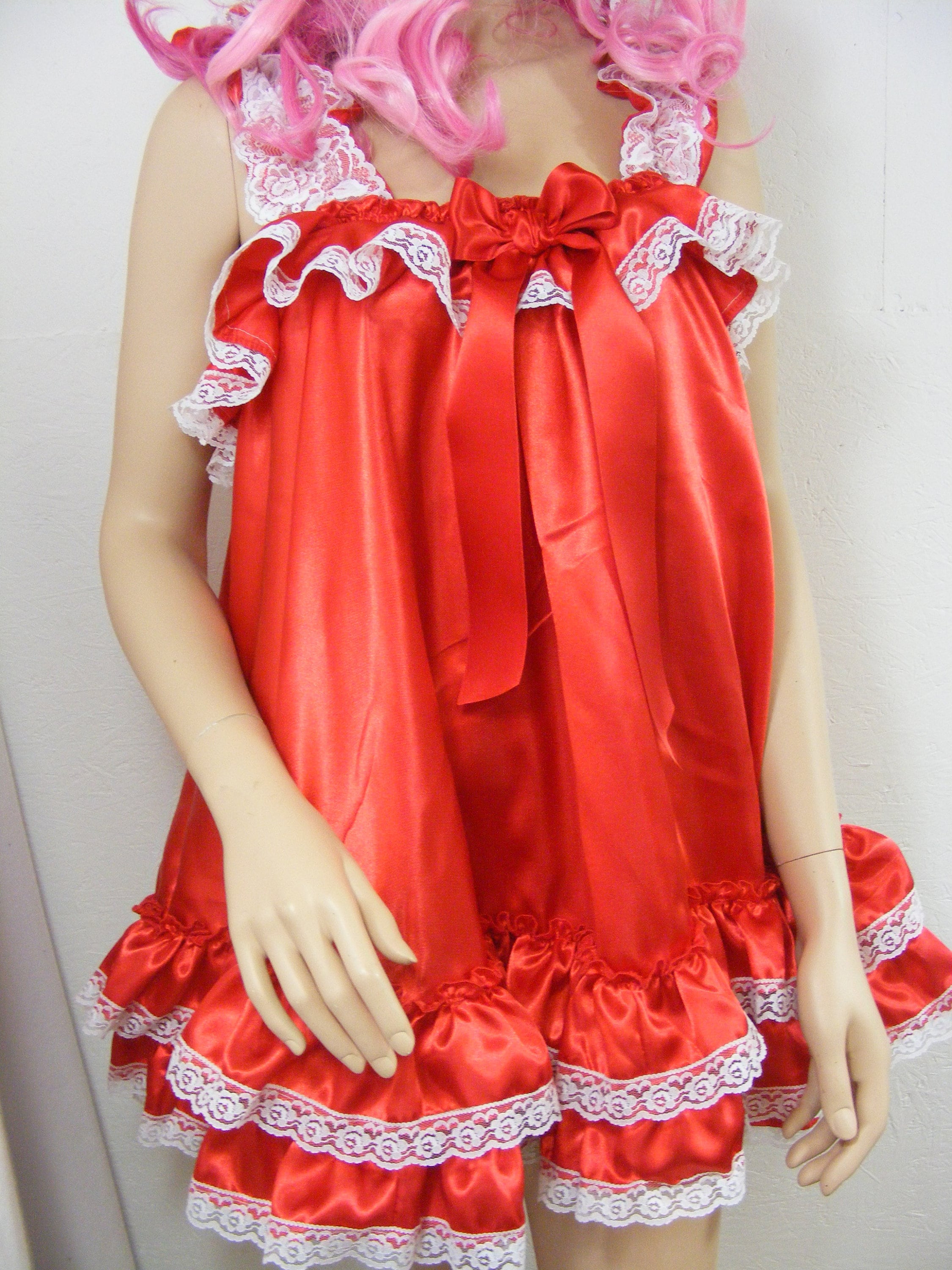 Sissy satin red baby doll nightie negligee dress top cosplay | Etsy