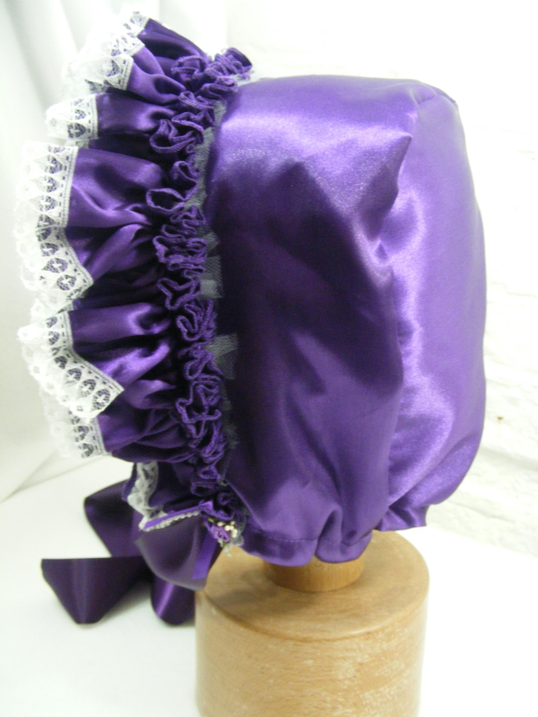 Adult Baby Sissy Bonnet Frilly Dark Purple Satin Lace and Lace ...