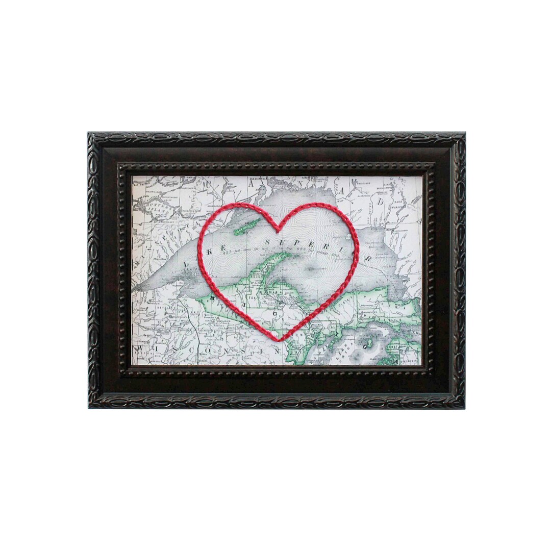 Lake Superior Map Art: Hand-embroidered Heart, Vintage Style - Etsy