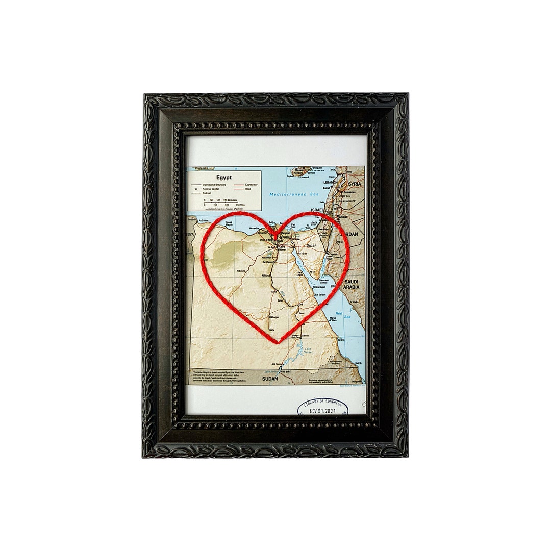 Egypt Heart Map | Custom Embroidery Art | Personalized Anniversary Gift ...