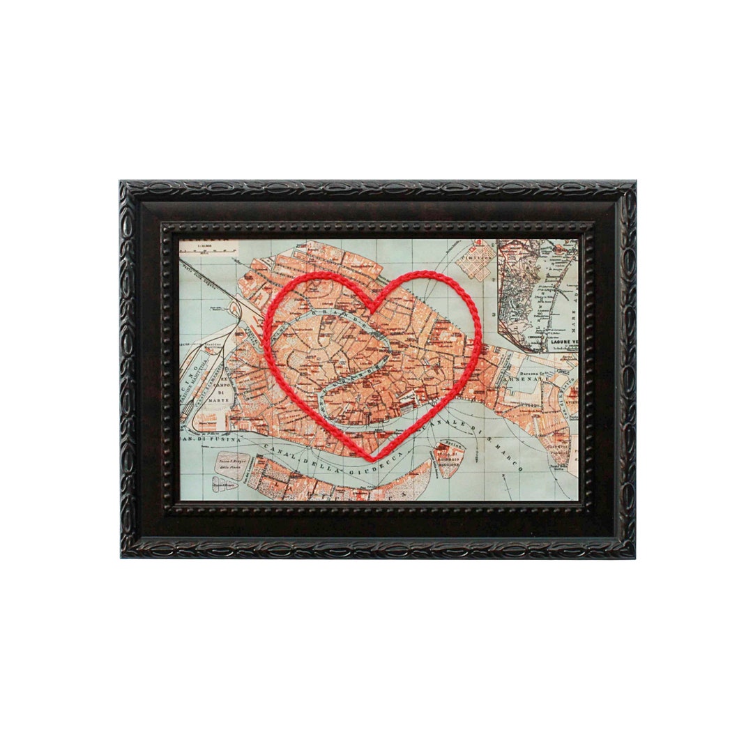 Venice Heart Map | Personalized Map Embroidery Art | Anniversary Gift ...
