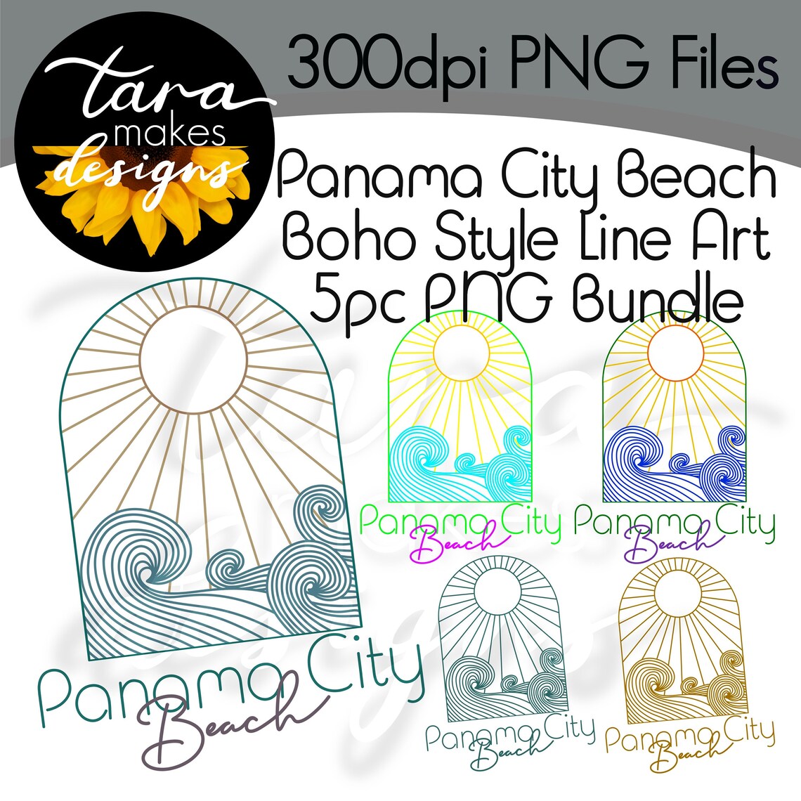 Panama City Beach Boho Style Line Art PNG File Bundle, Sublimation ...
