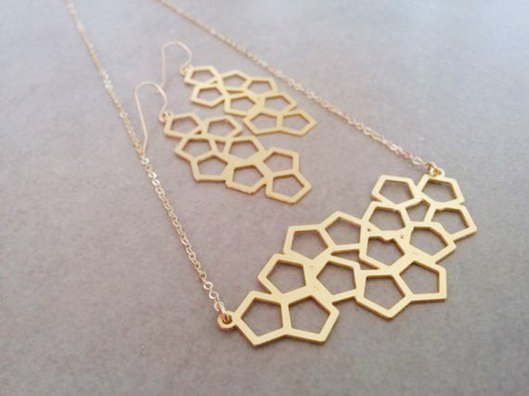 Gold Geometric Necklace, Gold Jewelry Set, Gold Necklace, Gold Earrings ...