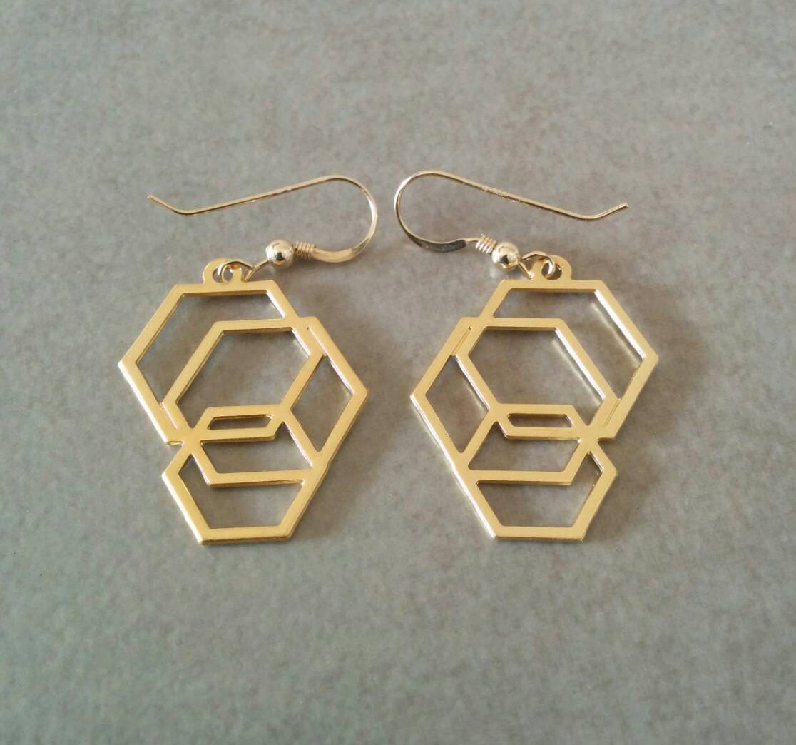 Gold Geometric Earrings Hexagon Earrings Geometric Earrings | Etsy